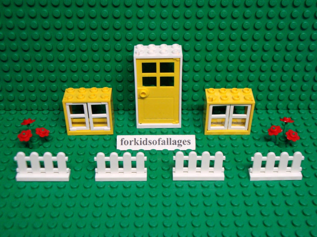Lego Pieces: Yellow Windows, Doors & White Picket Fence W/ Red Flowers ...