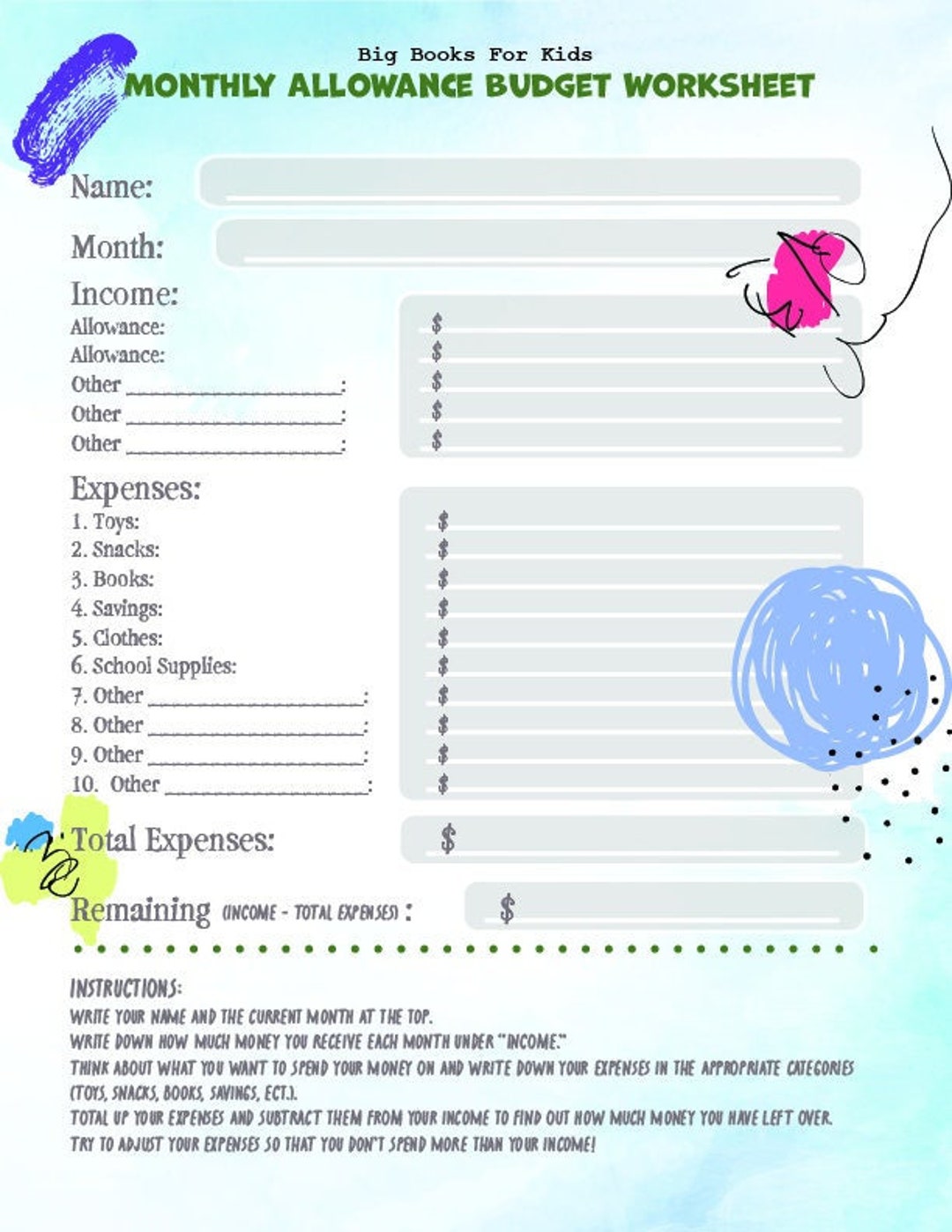 Monthly Allowance Budget Worksheet for Kids interactive and for Print ...