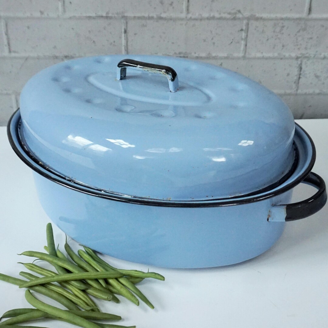 Roasting Pan / 16" Heavy Blue Enamelware / Covered Roaster - Etsy