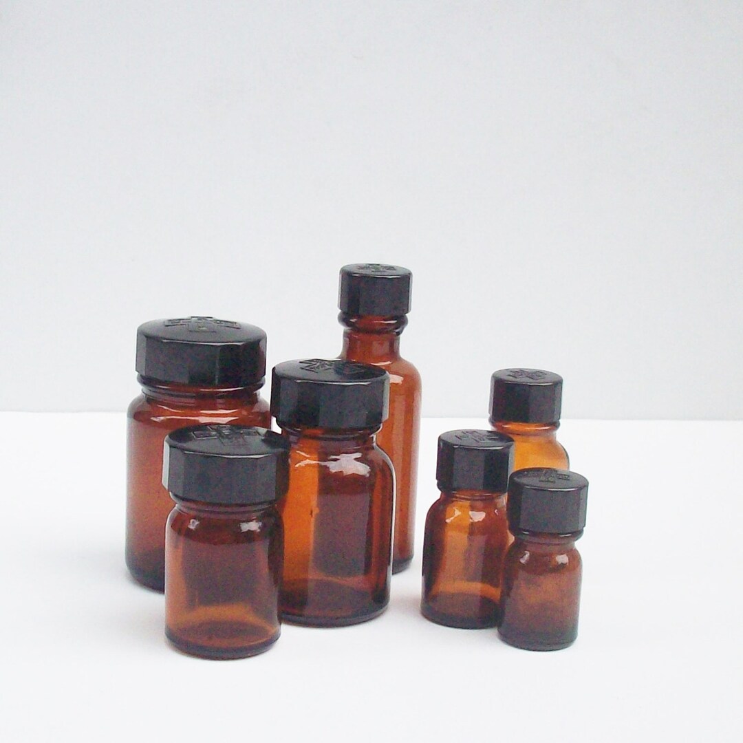 Apothecary Bottles From Merck / Brown Glass With Black Lids Assorted ...