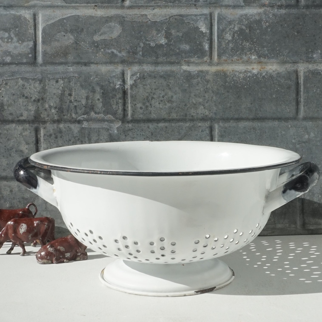 Enamelware Colander / White and Black / Large Simple / Kitchen ...