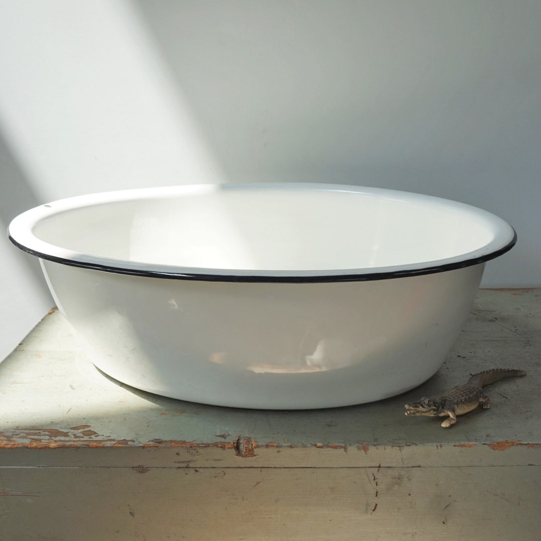 Enamel Tub 18 / Beautiful Old Patina / Oval White With Black / Vintage ...