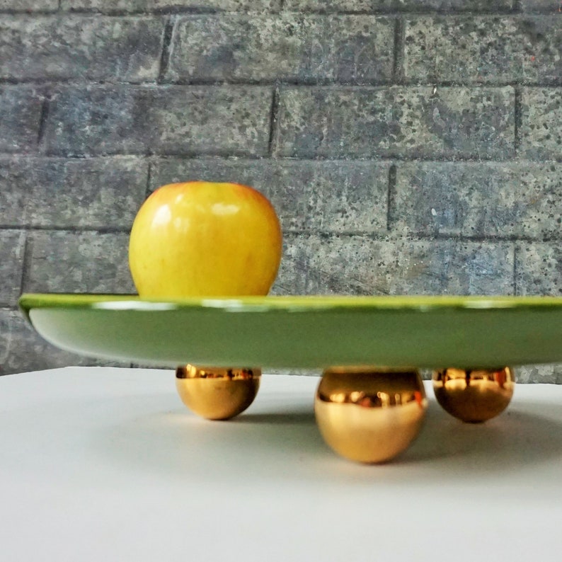 Pedestal Plate With Gold Ball Feet / Vintage California - Etsy