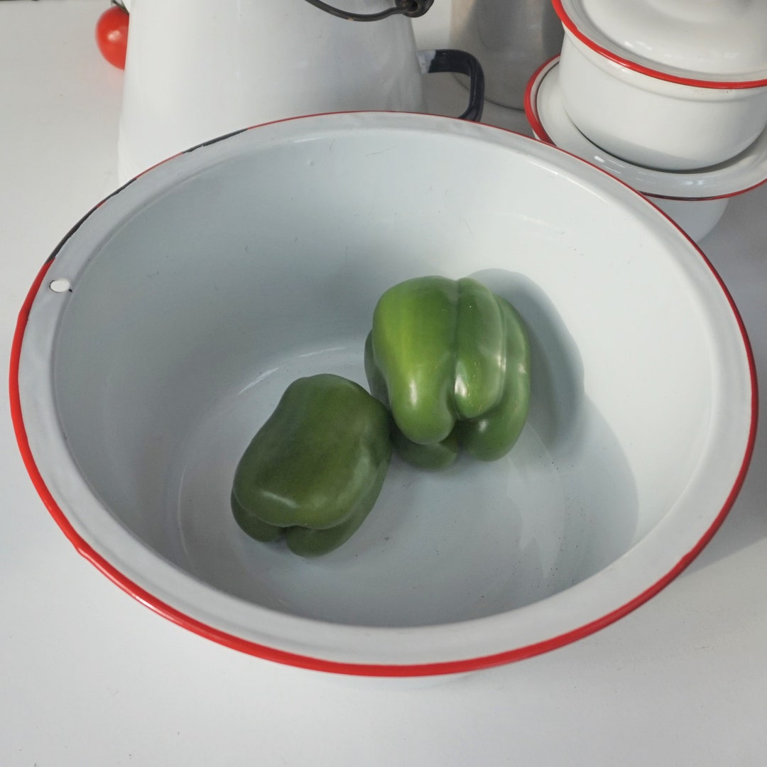 Enamel Tub / 13 5/8" / Beautiful Condition / White With Red / Vintage ...