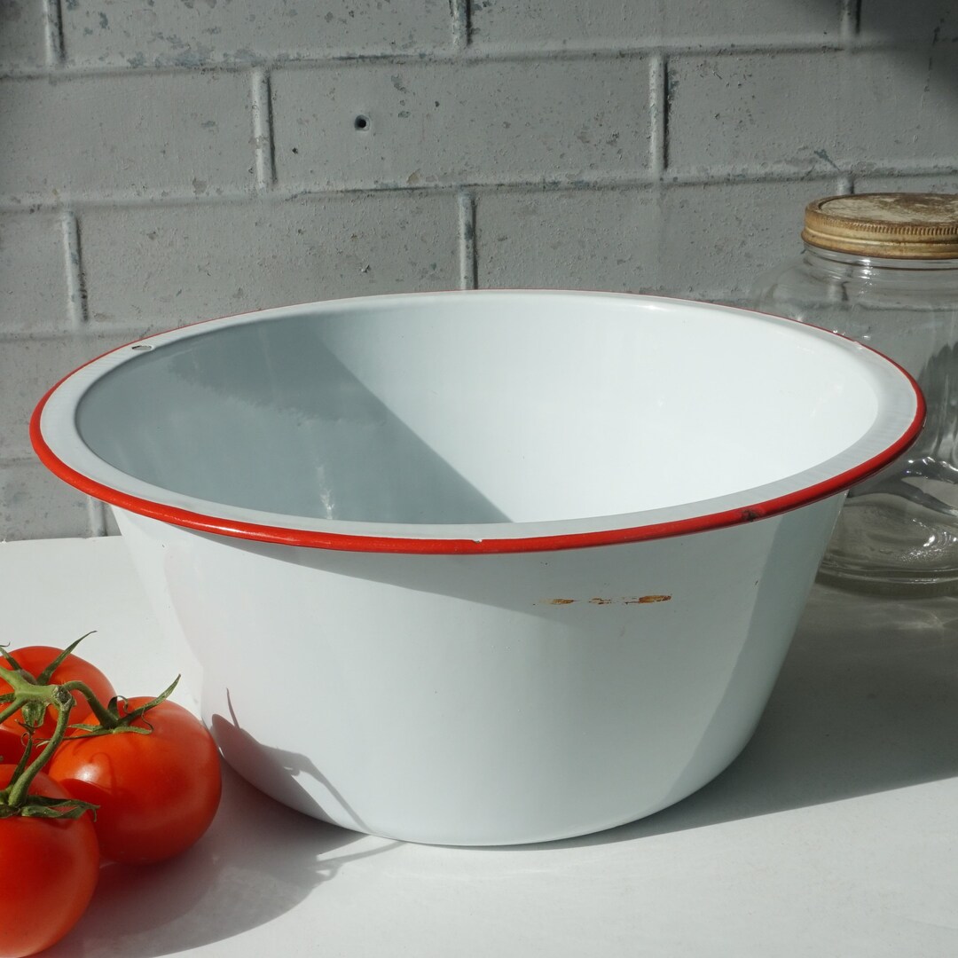 Enamel Tub / 13 5/8 / Beautiful Condition / White With Red / Vintage ...