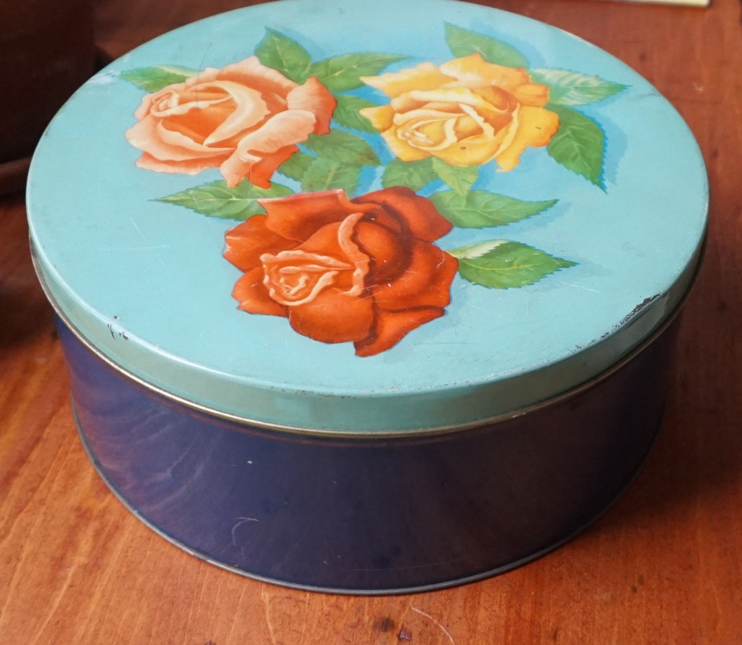 Blue Floral Candy Tin With Roses / Large Clean Sturdy / Interesting ...