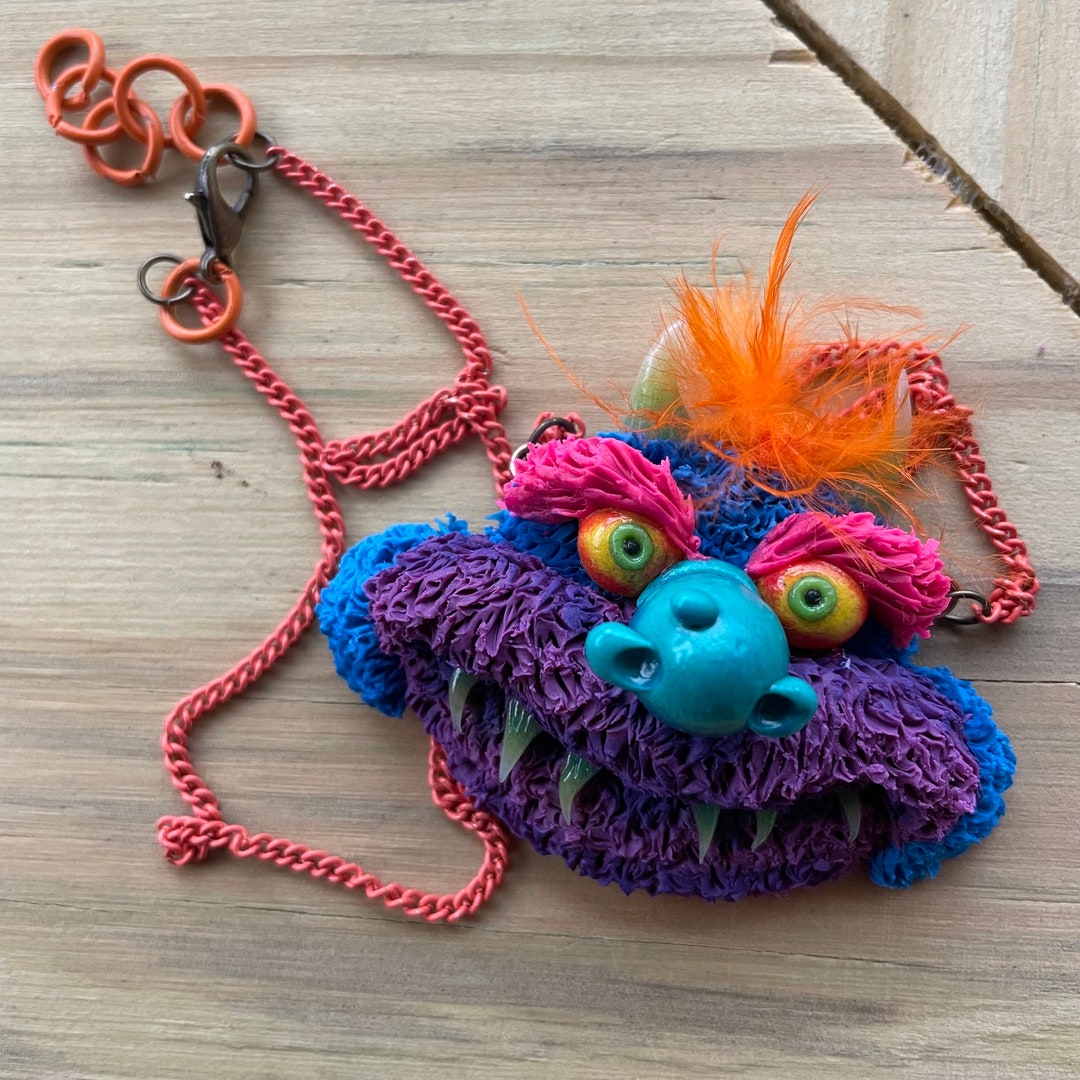 My Pet Monster Inspired Necklace Handcrafted Cosclay Face With Orange