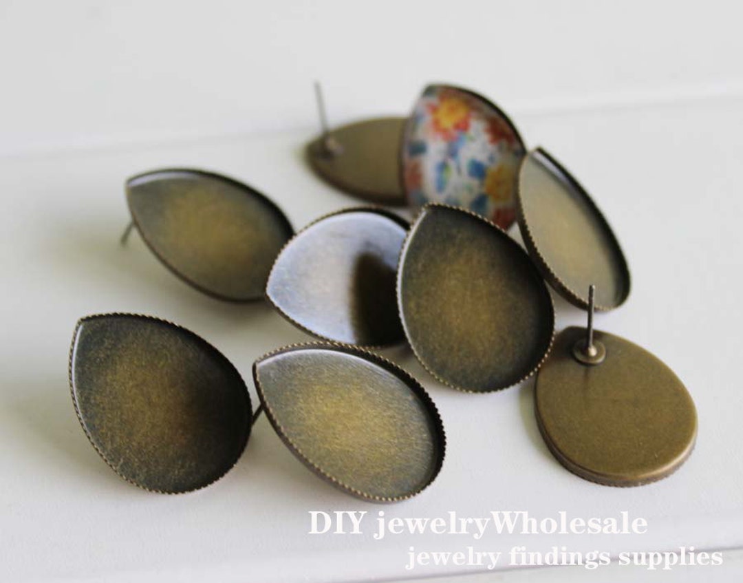 10pcs Antique Bronze Earring Posts With 18x25mm Teardrop Base Setting ...