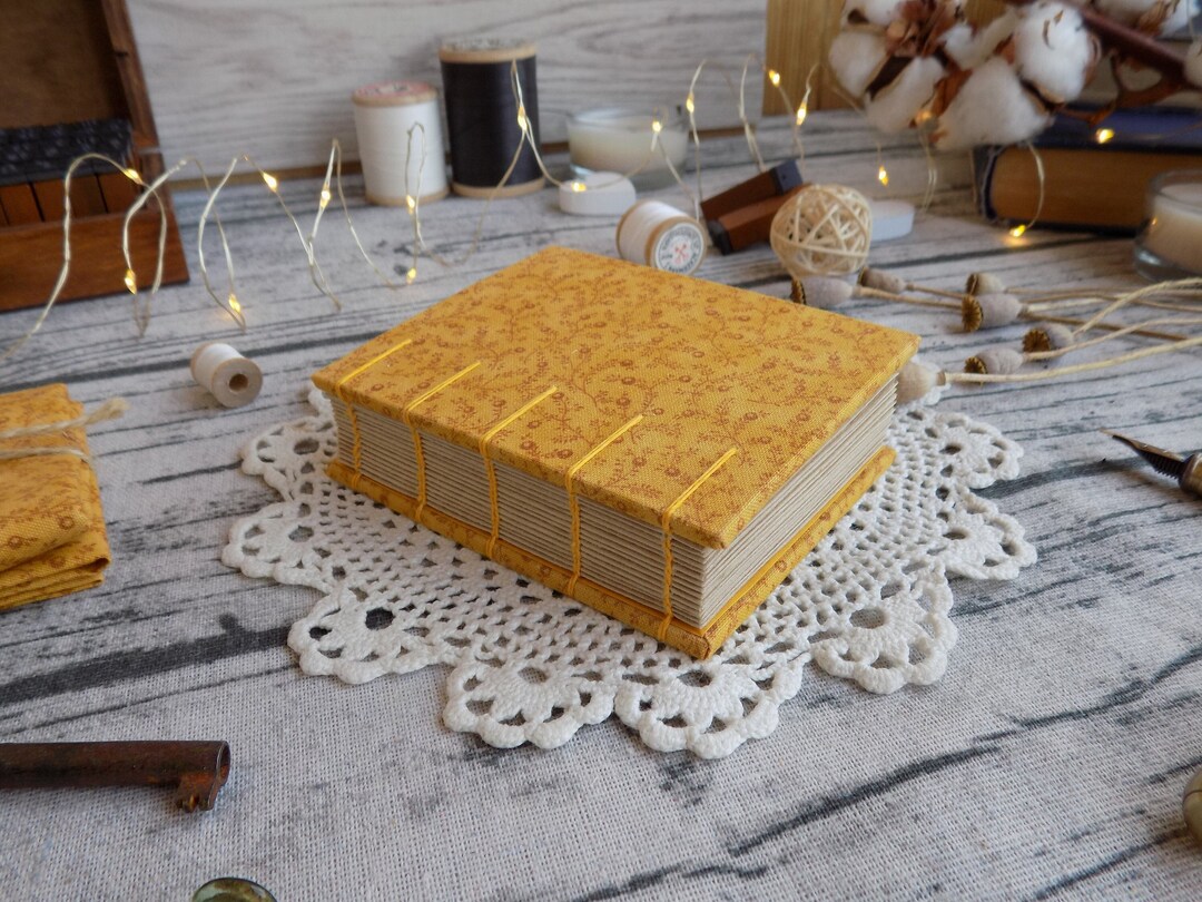 Handmade Coptic Bound Journal: Yellow Cottagecore Fabric, Kraft Paper ...