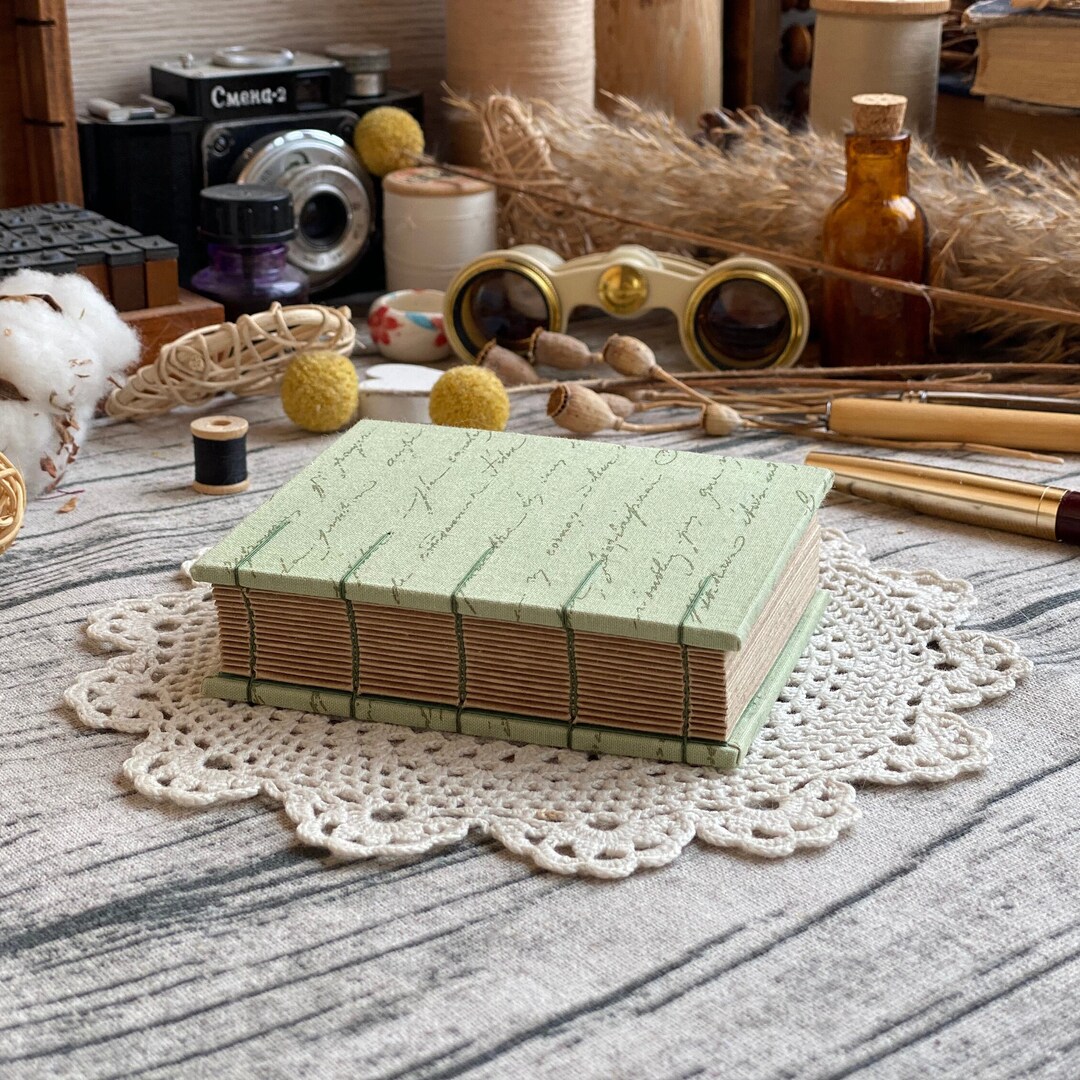 Handmade Coptic Bound Journal: Sage Green Fabric Cover, Kraft Paper ...