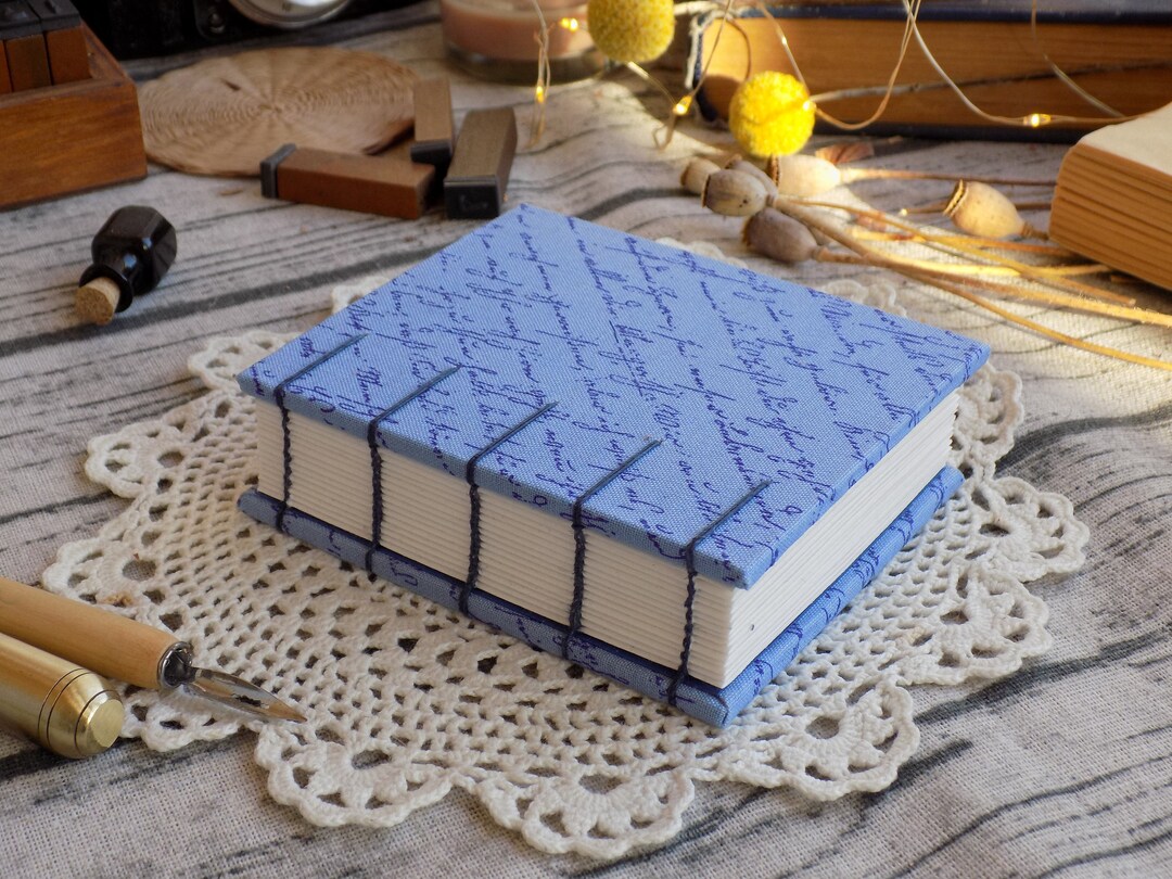 Fabric Cover A7 Coptic Bound Journal, Blue Thick Sketchbook, Small ...