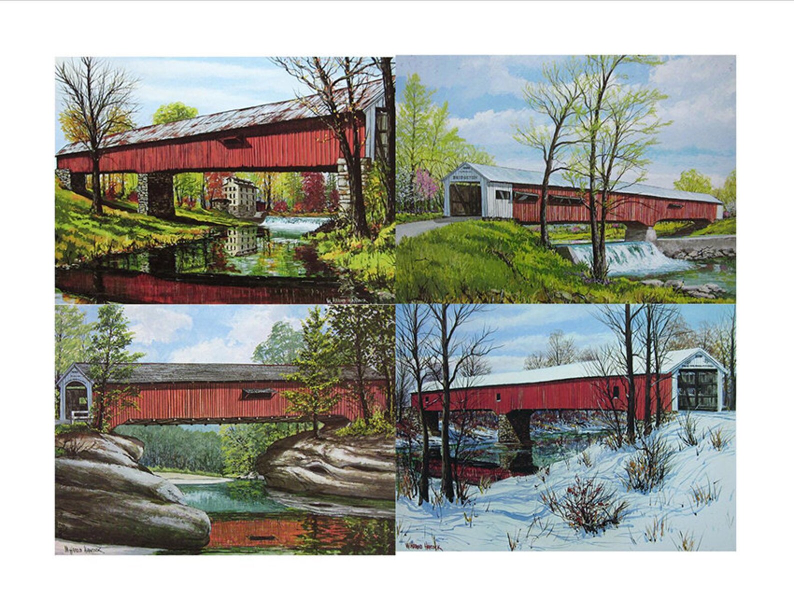 COVERED BRIDGES Four Seasons Art Prints Landscape Art 4 - Etsy