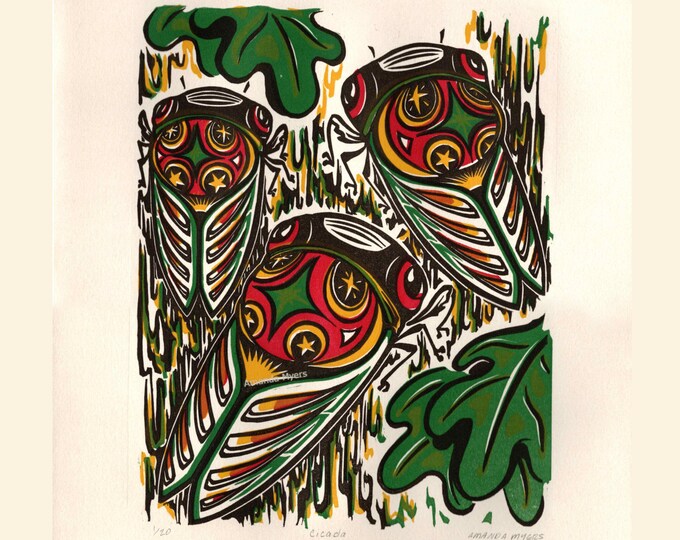 Cicada Four-color Linocut Relief Print - Etsy