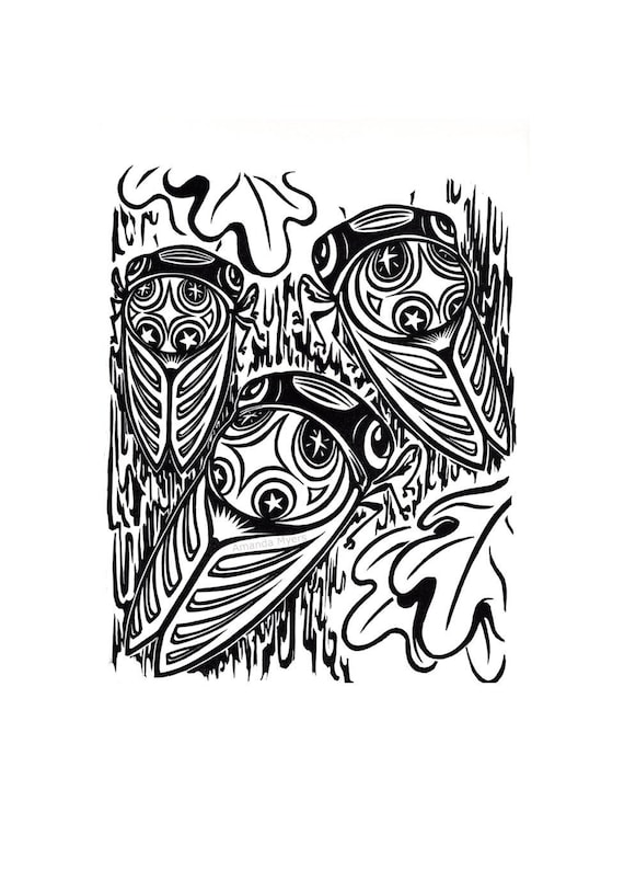 Cicada Black and White Linocut Relief Print | Etsy