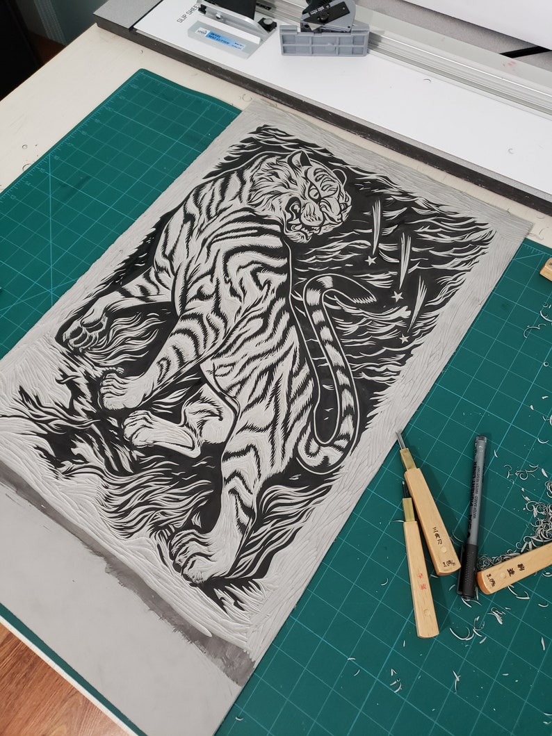 Tiger Large Relief Linocut Print | Etsy
