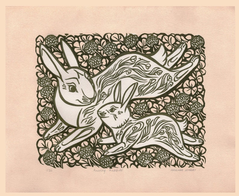 Running Rabbits Two-color Linocut Relief Print - Etsy