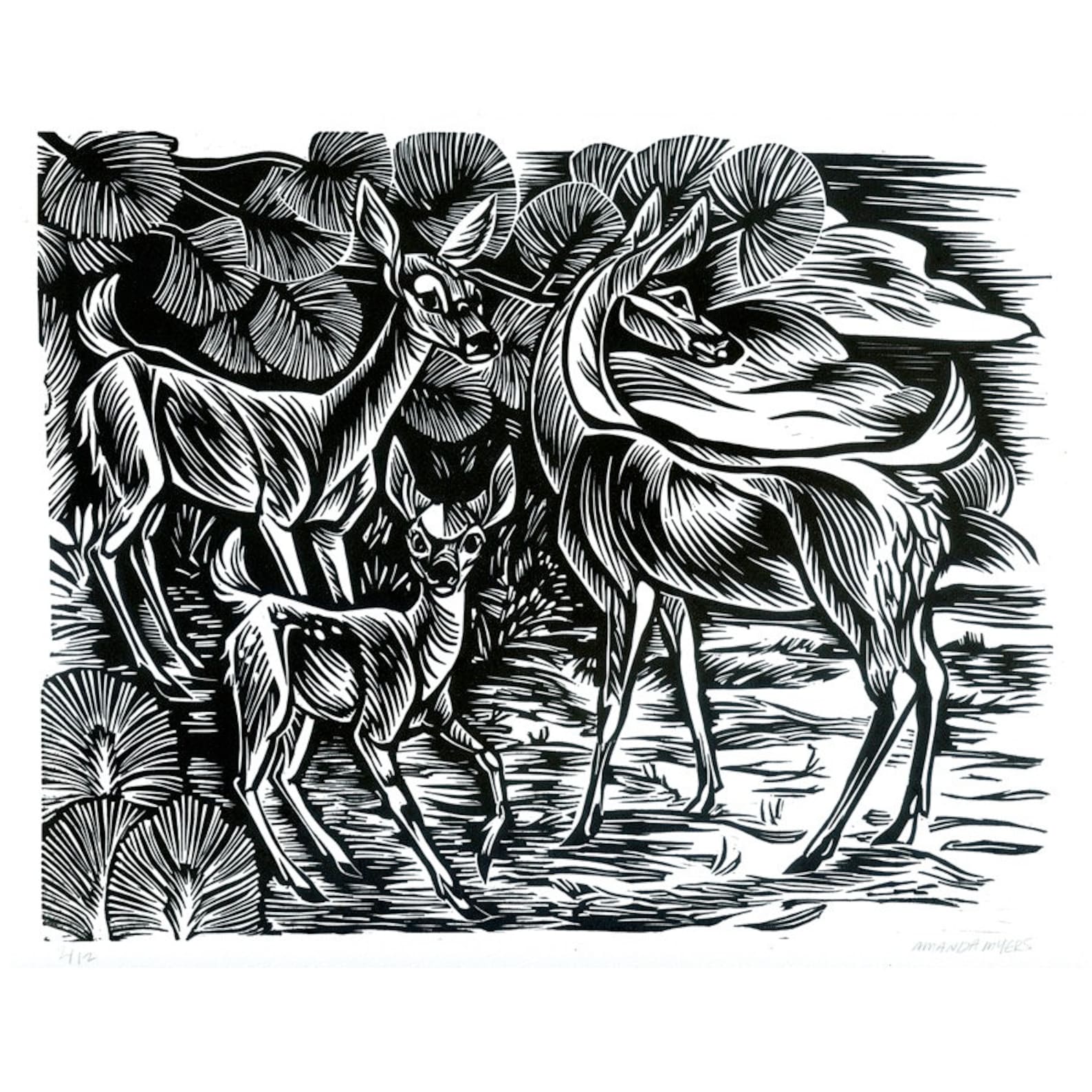 On Alert! Deer and Pine Linocut Relief Print - Etsy