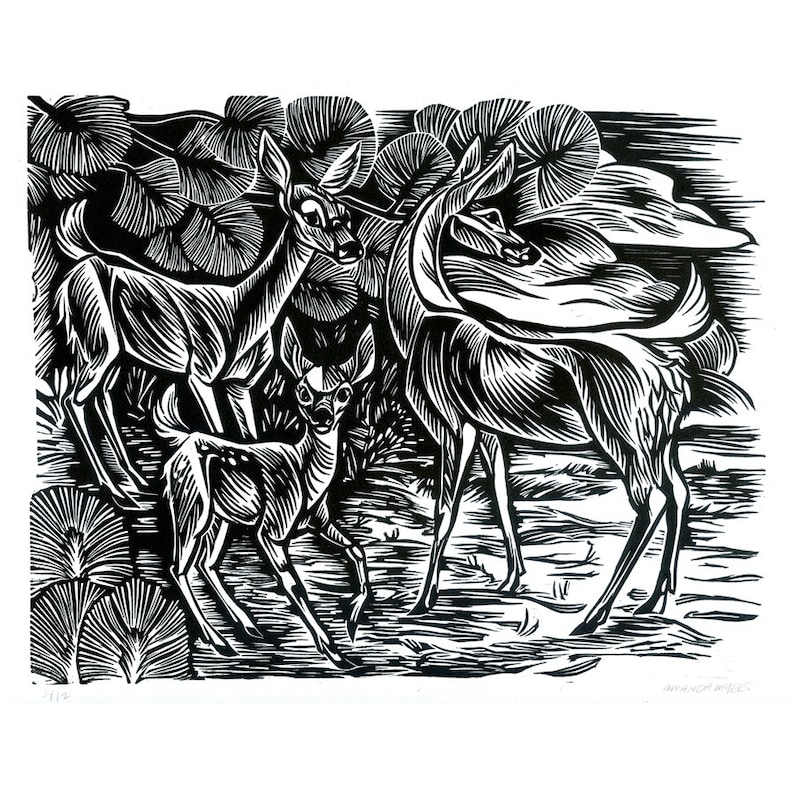 On Alert Deer and Pine Linocut Relief Print - Etsy