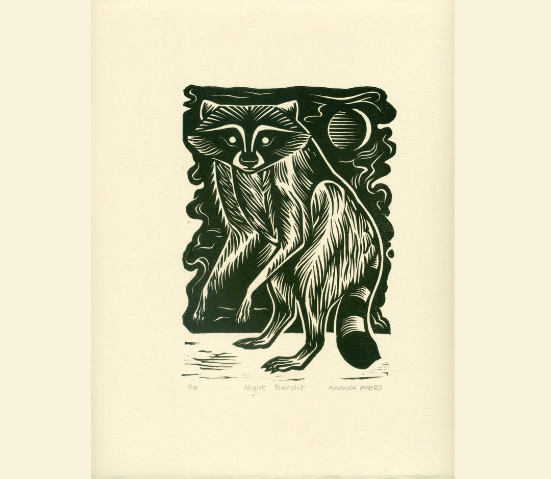 Raccoon “night Bandit” Linocut Print - Etsy