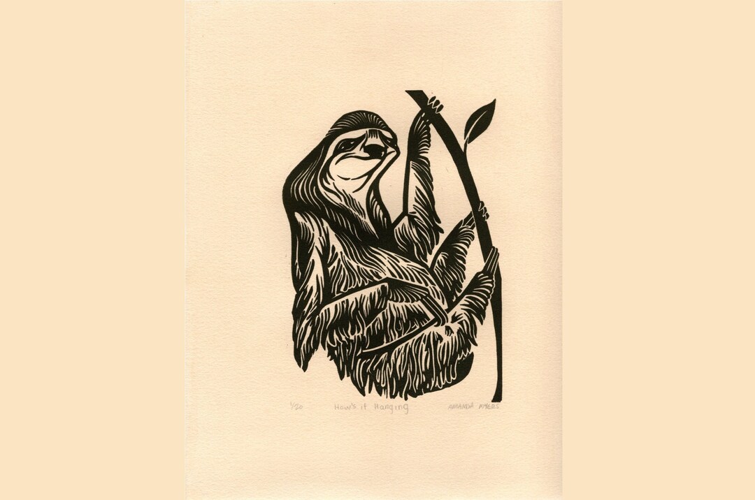 Sloth Linocut Relief Print on Dyed Paper - Etsy