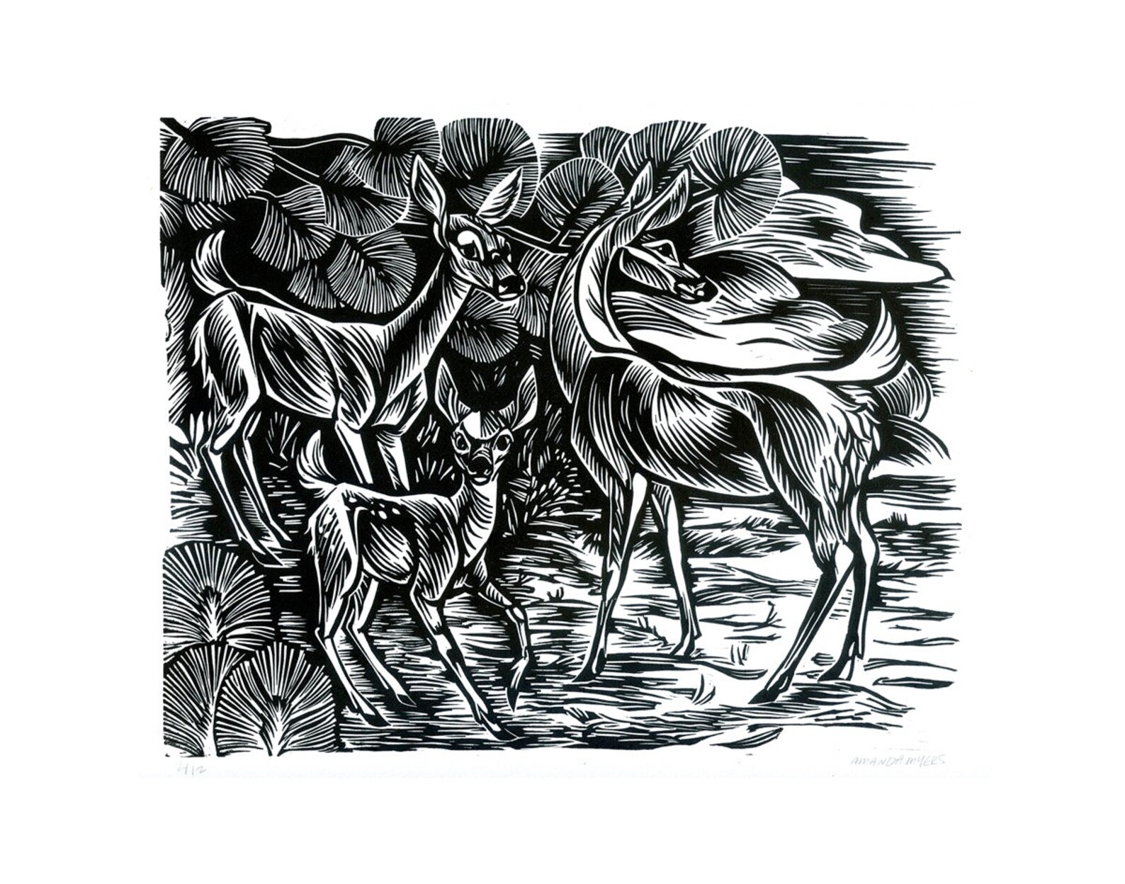 On Alert Deer and Pine Linocut Relief Print - Etsy
