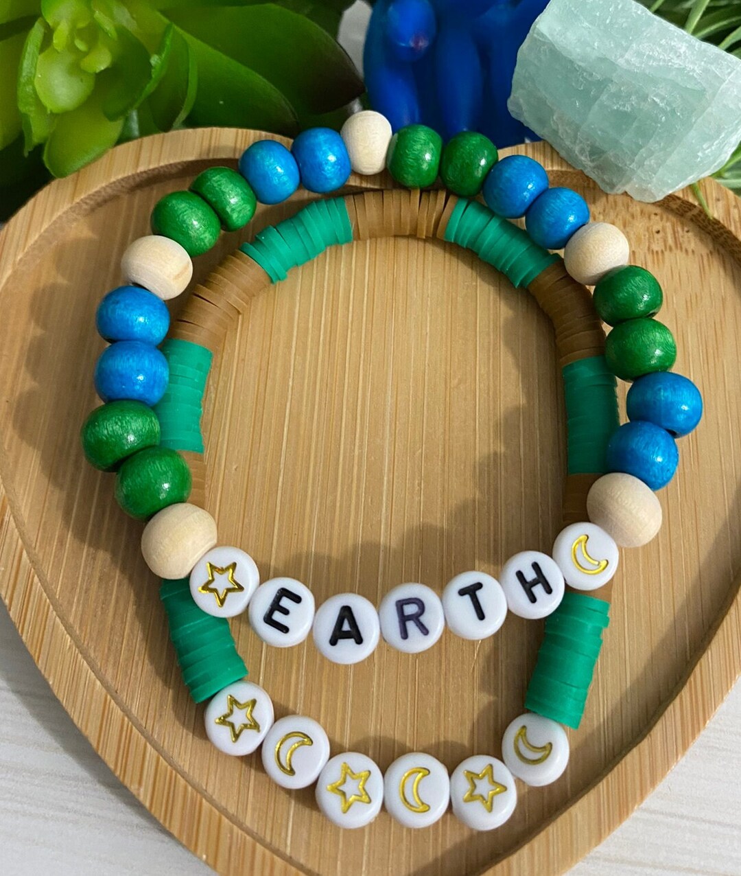 EARTH Day Bracelet Set of 2, WOOD Beaded Bracelet, Heishi Clay Bead ...