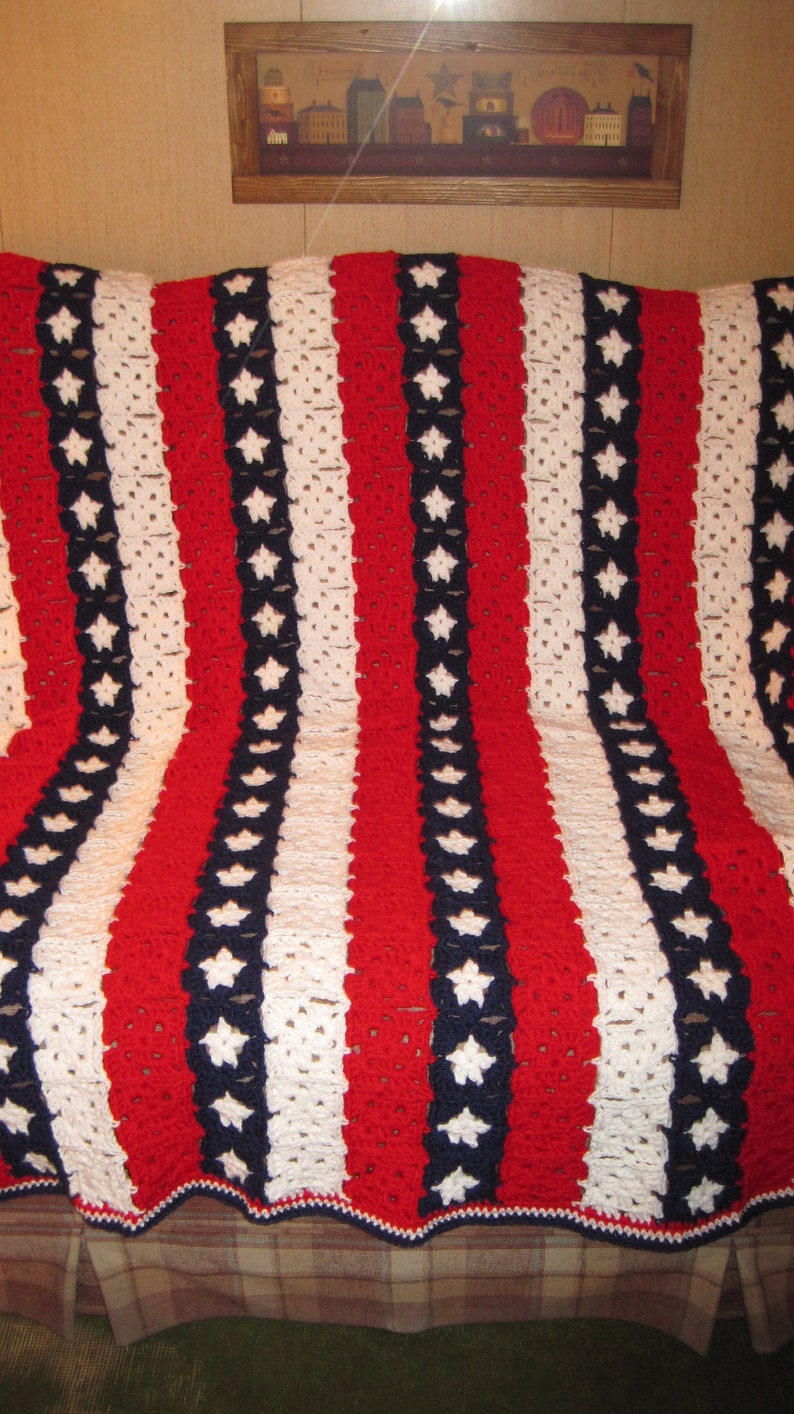 Patriotic Crocheted Afghan Red White Blue Crochet Afghan Americana ...