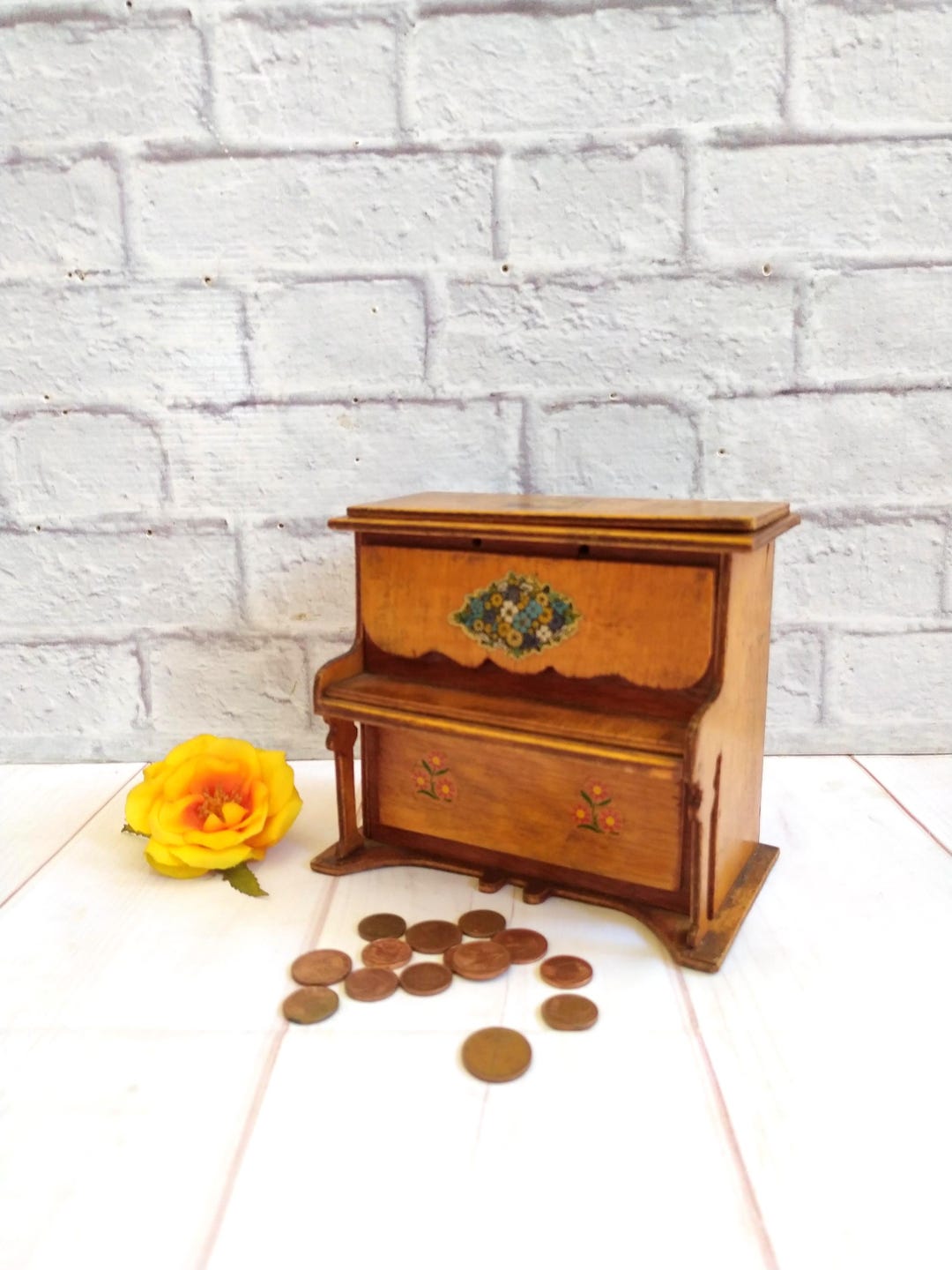 Miniature Upright Piano, Wooden Money Bank, Vintage Dollhouse Furniture ...