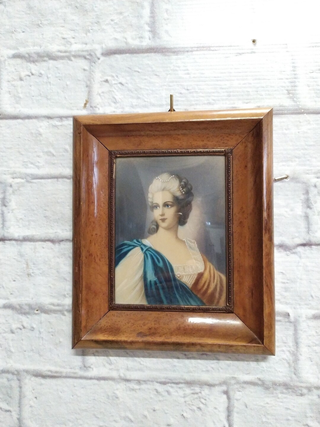 Old Miniature Lady Portrait in Rectangular Wooden Frame, Vintage ...