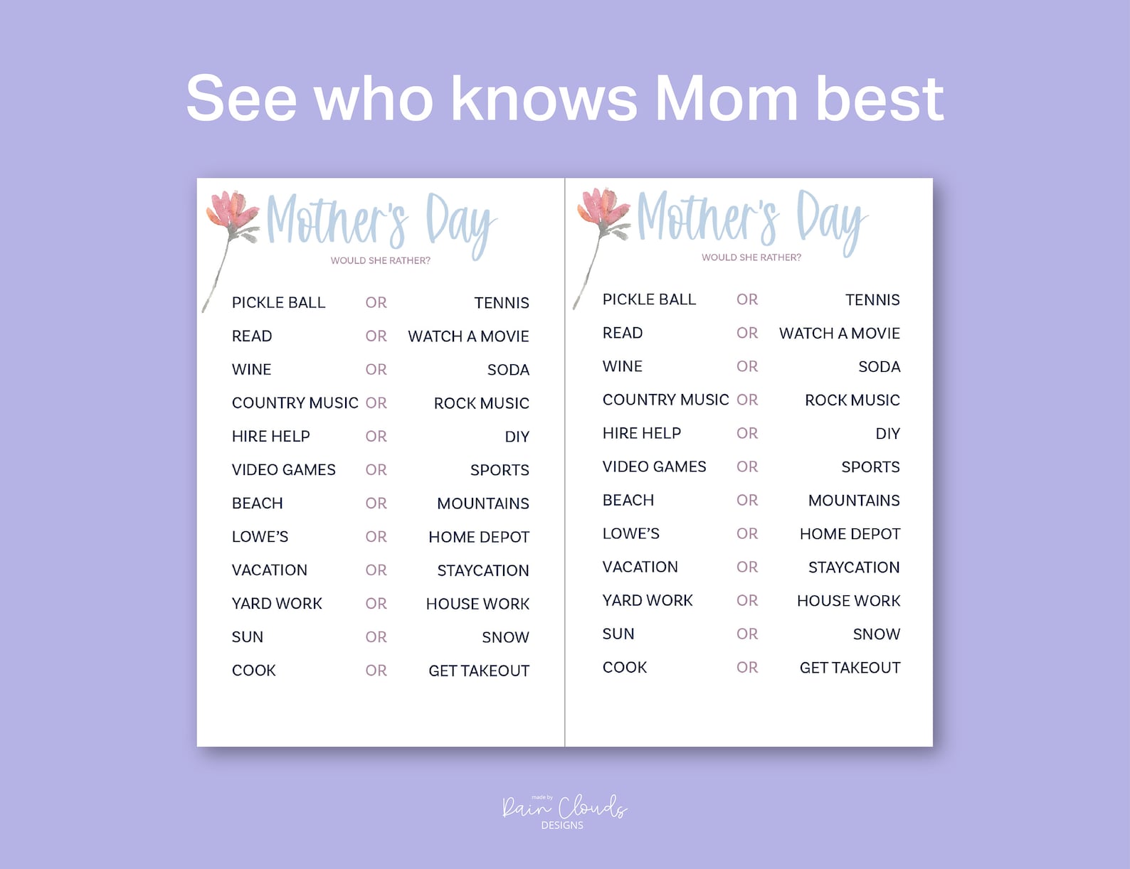 Mother's Day Printable Game Who Knows Mom Best Would You Rather True or ...