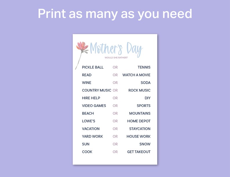 Mother's Day Printable Game Who Knows Mom Best Would You Rather True or ...