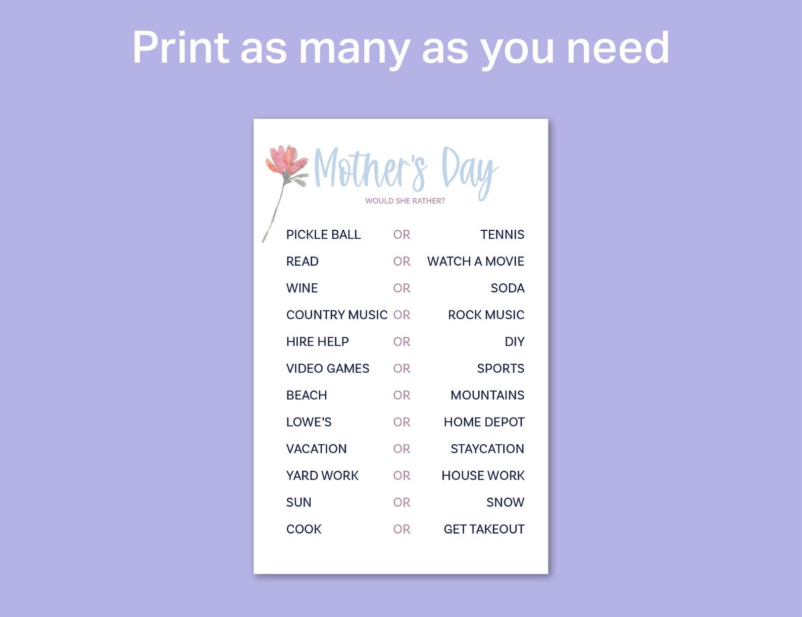 Mother's Day Printable Game Who Knows Mom Best Would You Rather True or ...