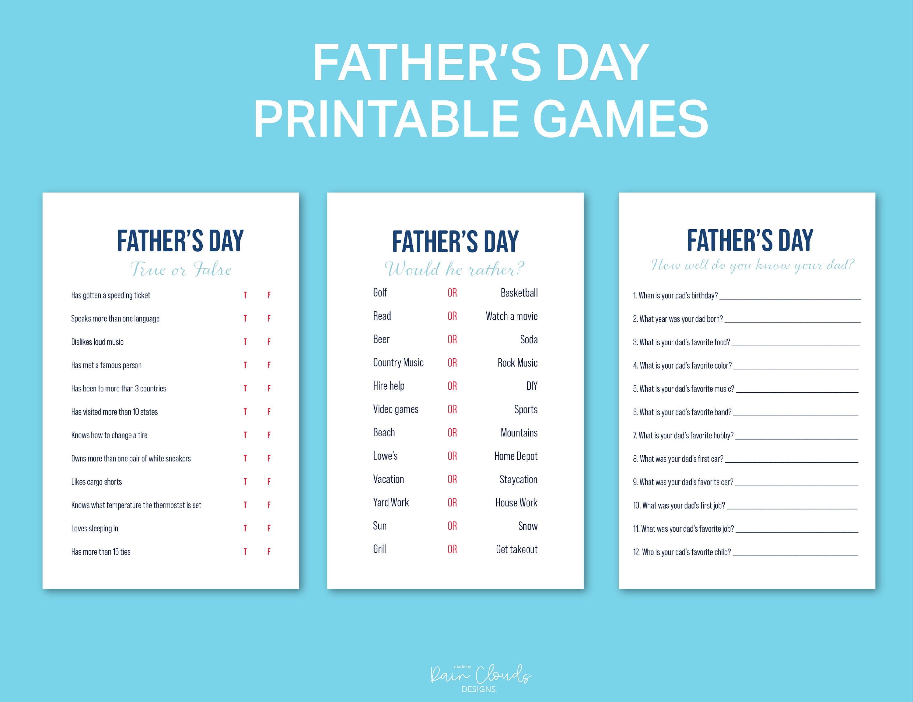 Father's Day Printable Game Who Knows Dad Best Would Dad Rather True or ...