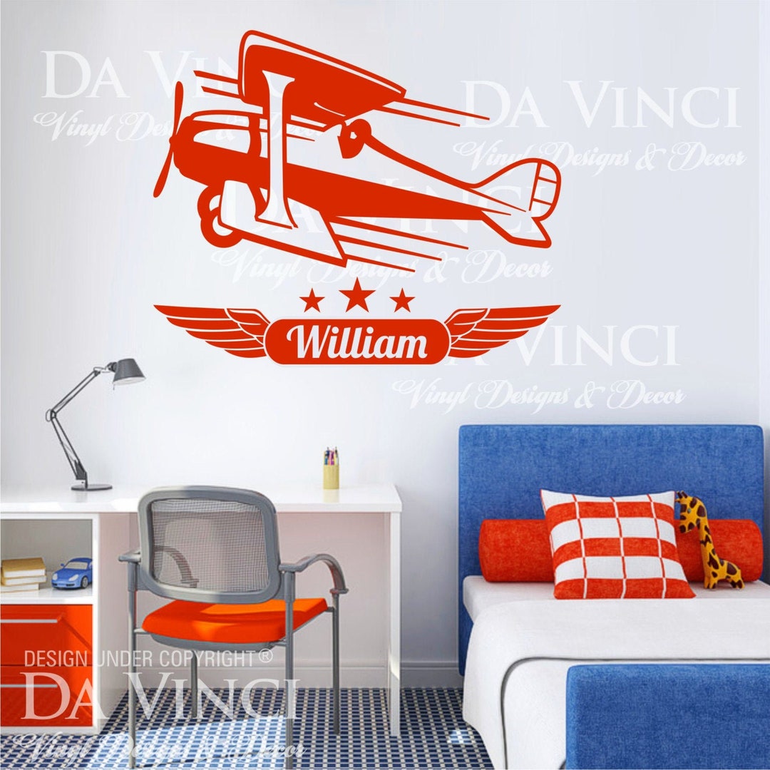 Airplane Aircraft Biplane Planes Wing Wall Custom Name Vinyl Wall Decal ...