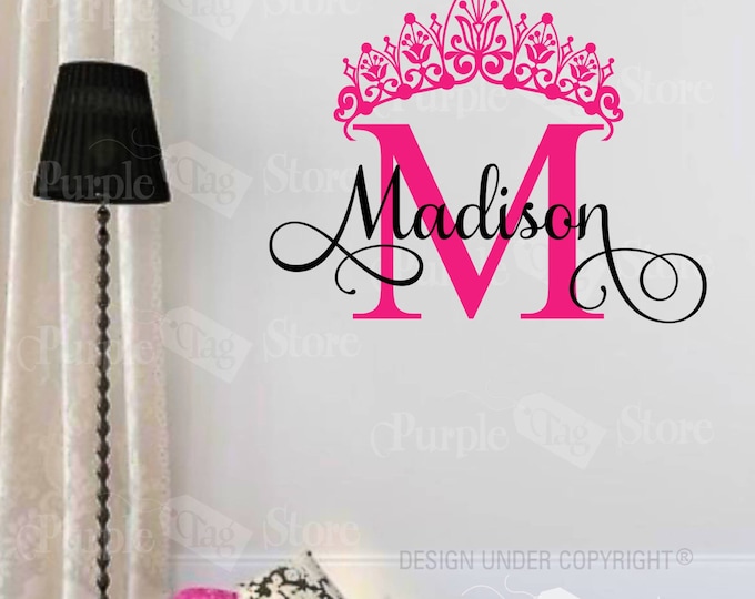 Princess Custom Name Monogram Initial Crown Vinyl Wall Room | Etsy