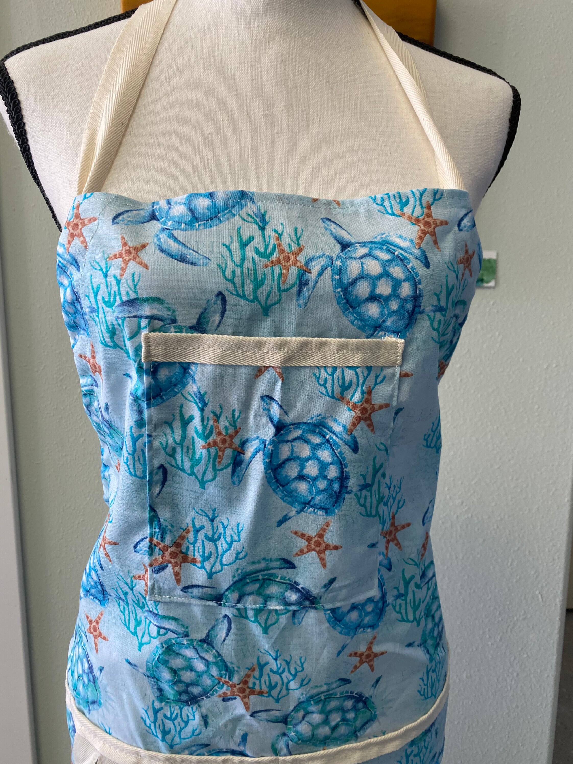 Blue Sea Turtle Apron, Honu Chefs Apron, Cafe Apron, Large Pocket Full ...