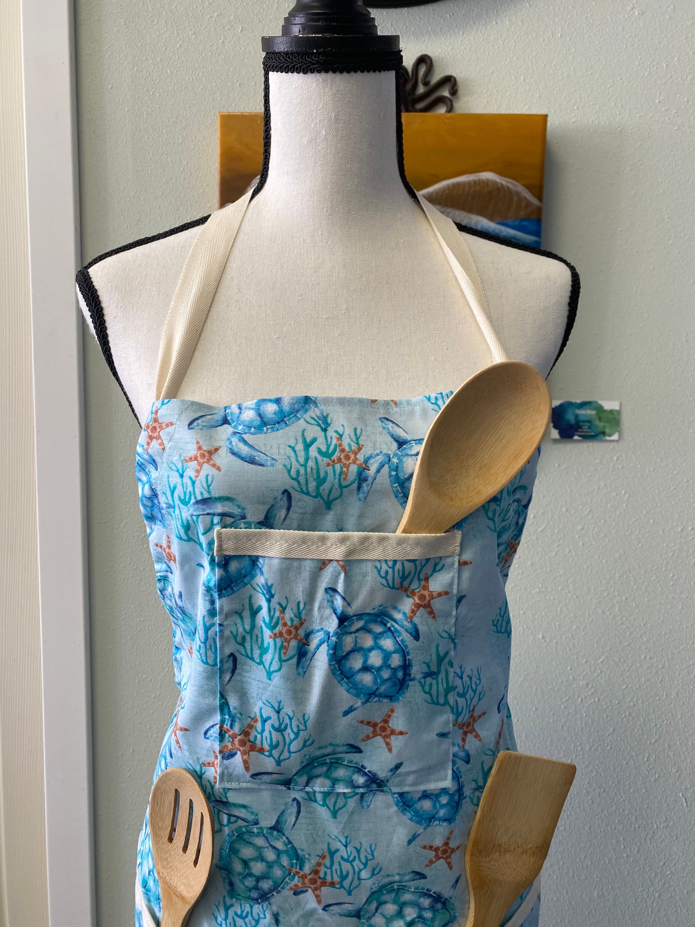 Blue Sea Turtle Apron, Honu Chefs Apron, Cafe Apron, Large Pocket Full ...
