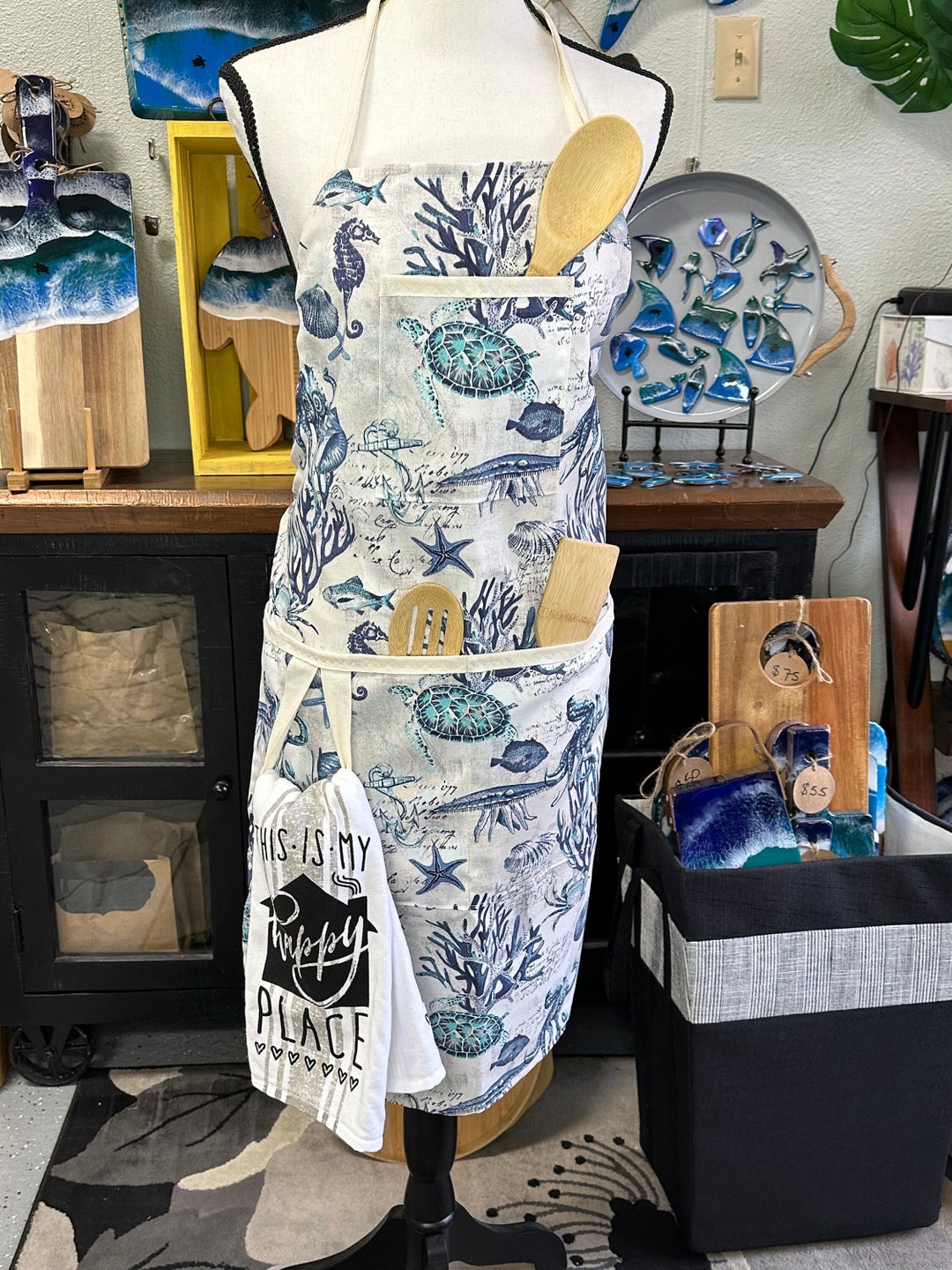 Sea Life Apron, Honu Chefs Apron, Octopus Cafe Apron, Apron, Large ...