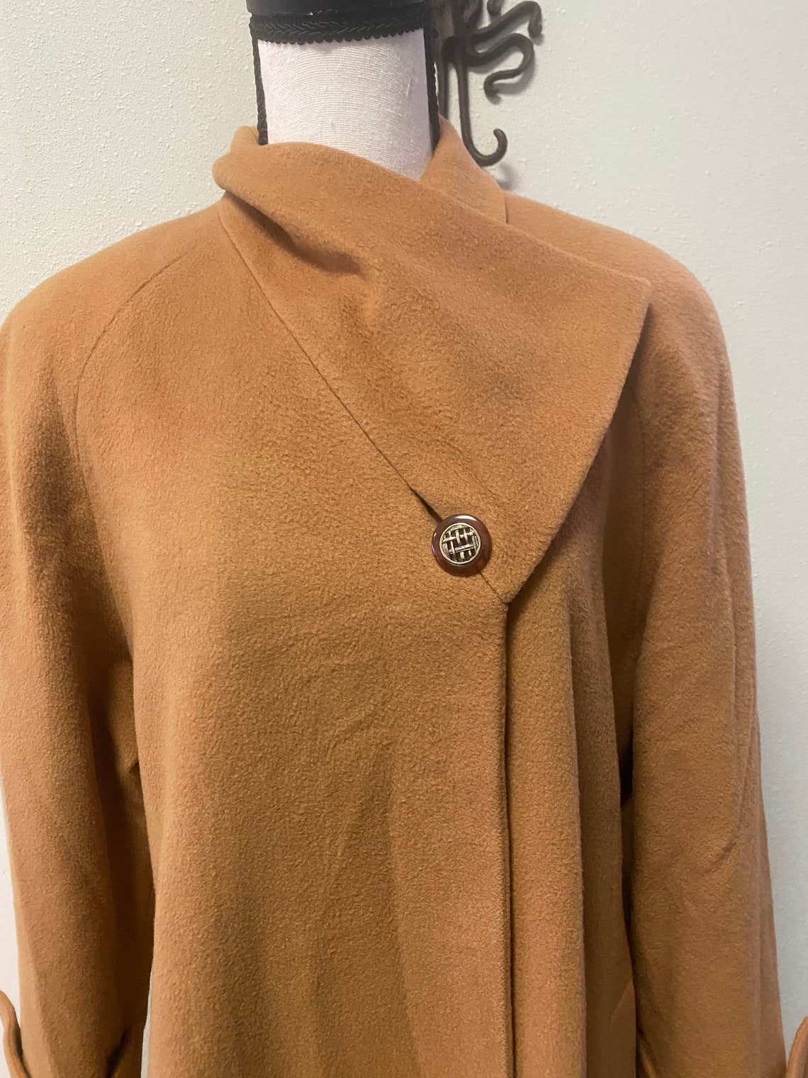 Vintage Perry Ellis Floor Length Wool Camel Pea Coat, Full Length Cape ...