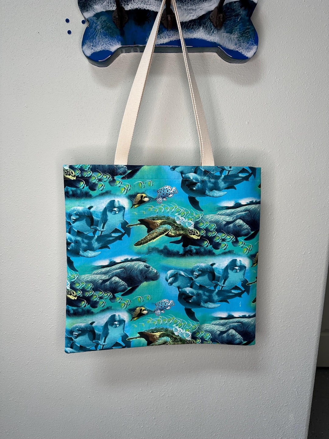 Turtle and Dolphin Book Bag, Manatee Shopping Tote, Reusable Farmers ...