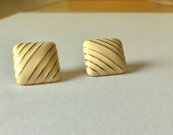 Gold Toned Metal Off White Enamel Square Earrings Vin… - Gem