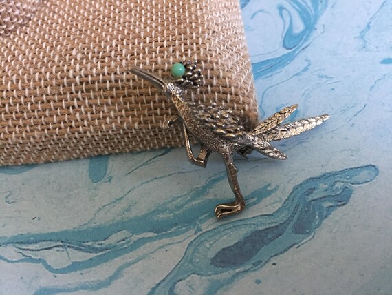 Silver Toned Metal Road Runner with Turquoise Colored… - Gem