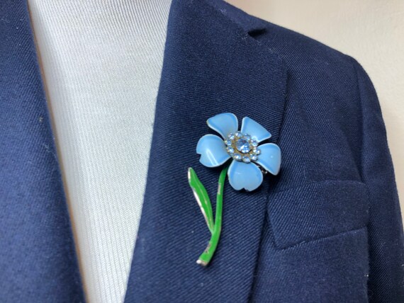 Blue Flower Brooch with Rhinestone Center Vintage 196… - Gem