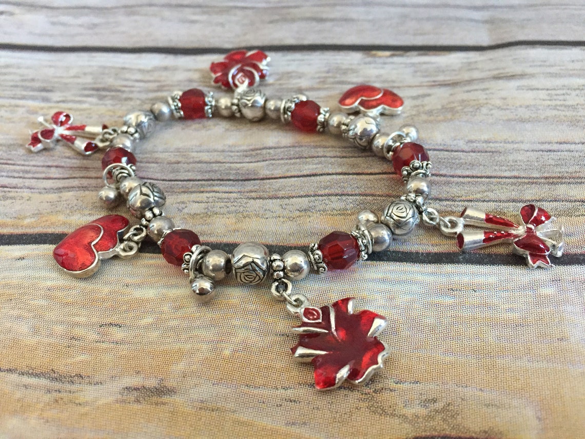 Silver Toned Metal and Red Enamel Beaded Bracelet - Etsy