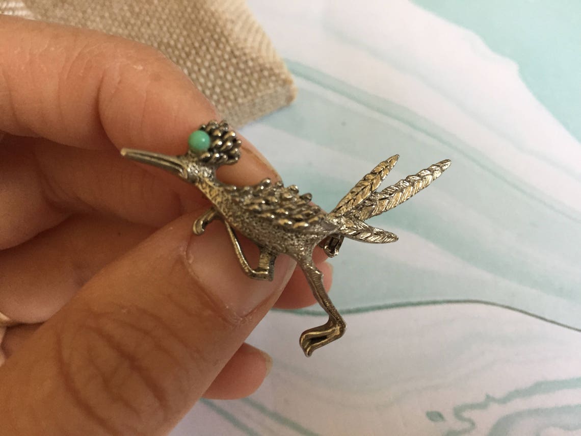 Silver Toned Metal Road Runner With Turquoise Colored Eye - Bird Brooch ...