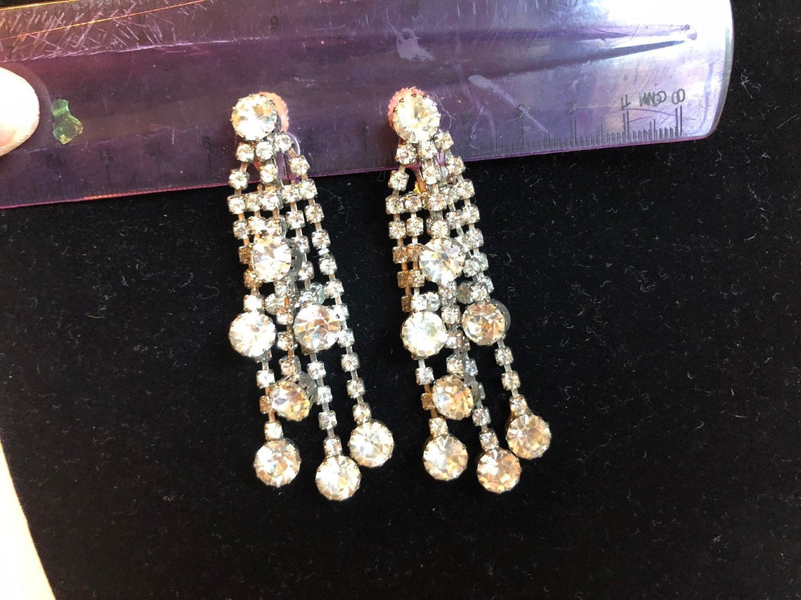 Dangling Bling Earrings Clip on Ice Colored Crystal Rhinestone - Etsy