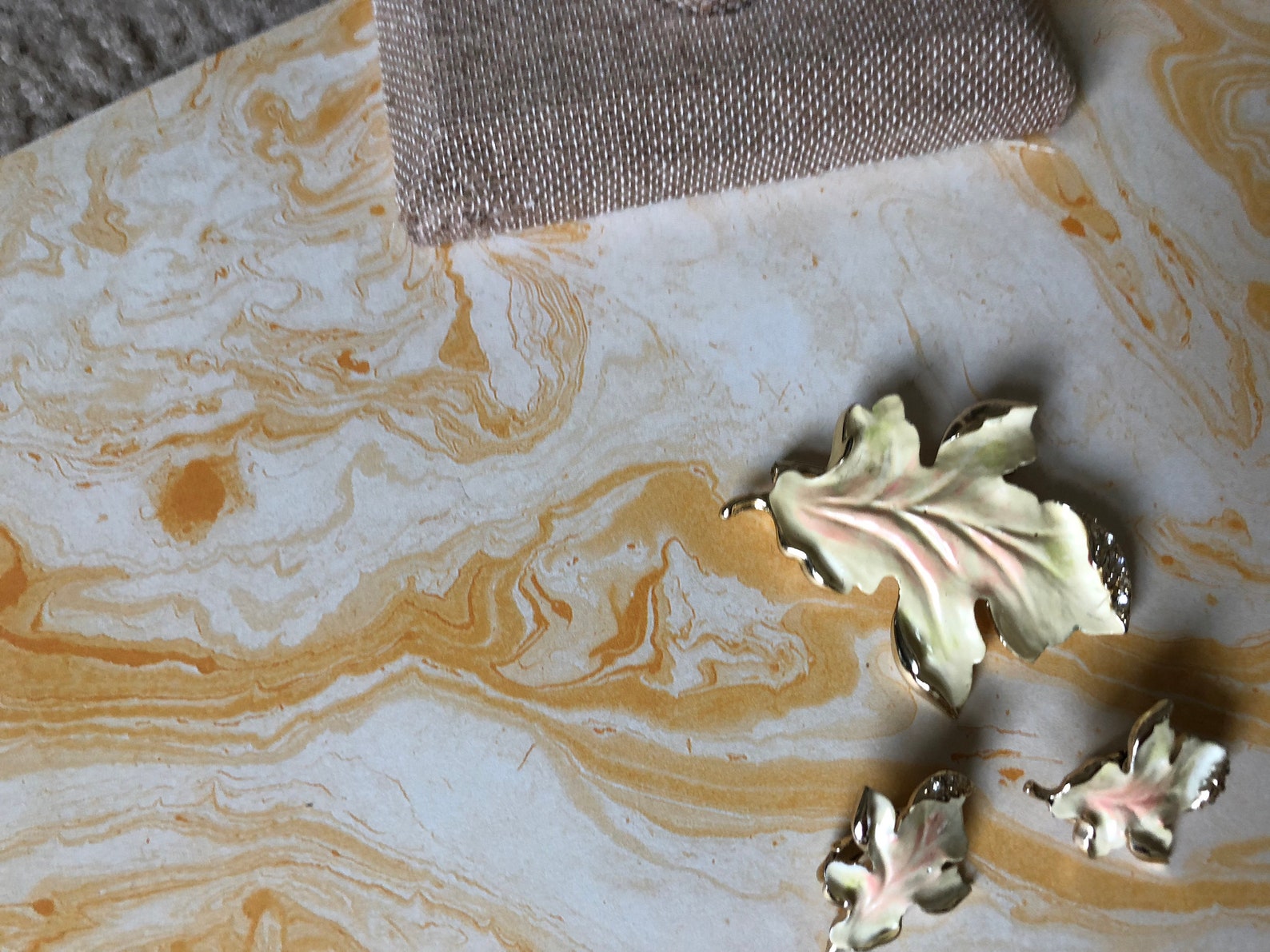 Gold Toned Metal Pale Yellow Orange Enamel Leaf With Ice Colored ...