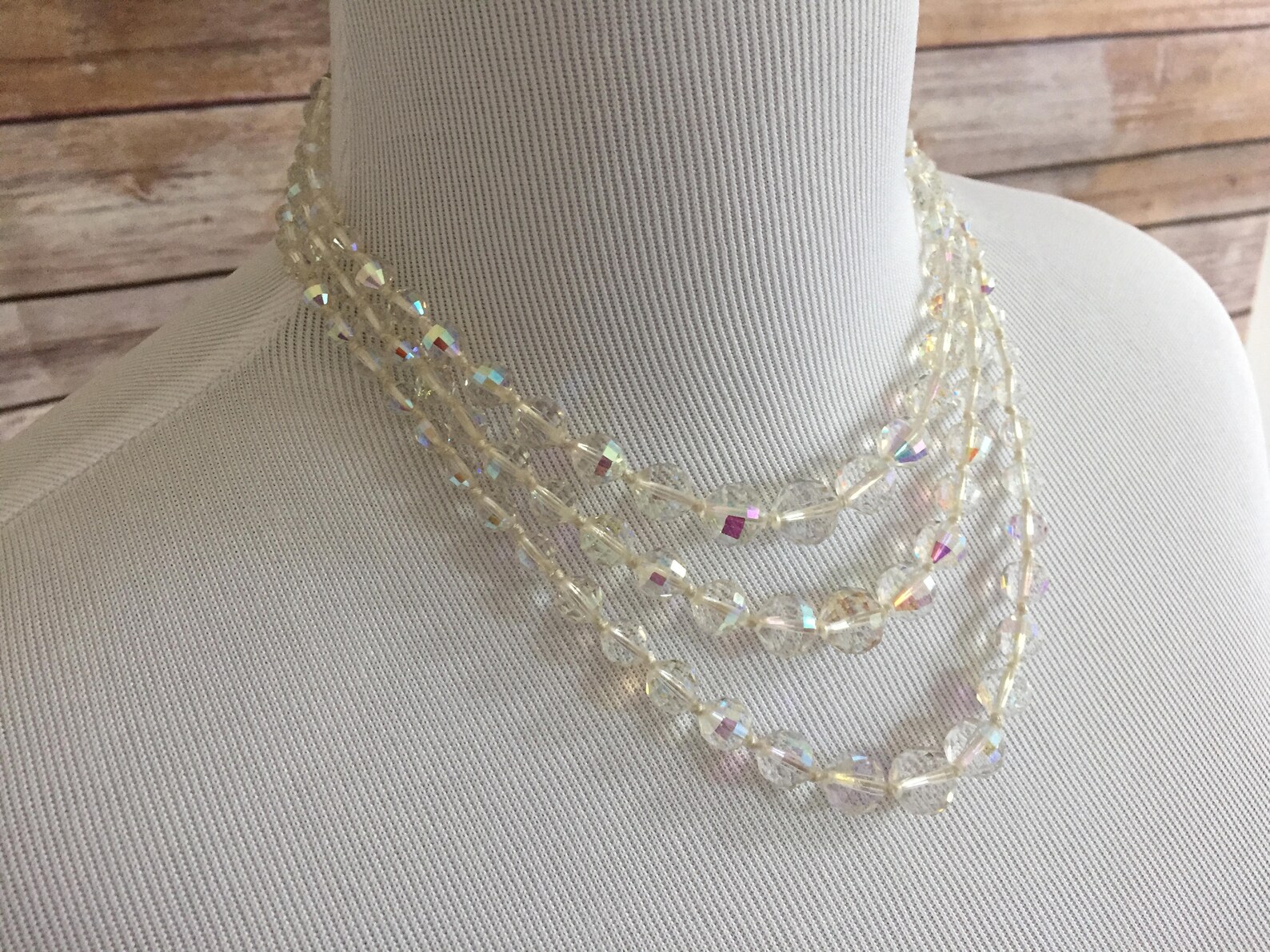 Iridescent Clear Beaded Three Strand Princess Length Necklace | Etsy