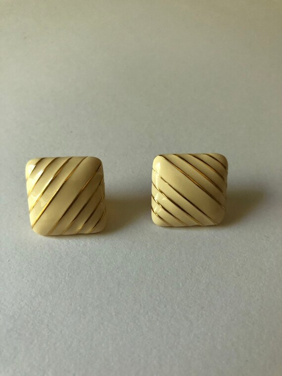 Gold Toned Metal Off White Enamel Square Earrings Vin… - Gem
