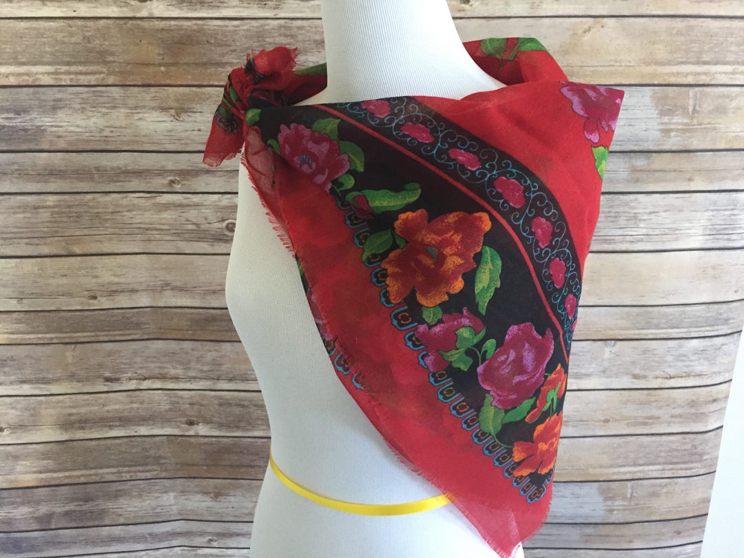 Red and Black Rose Scarf With Orange and Aqua and Pink - Avon Scarf ...